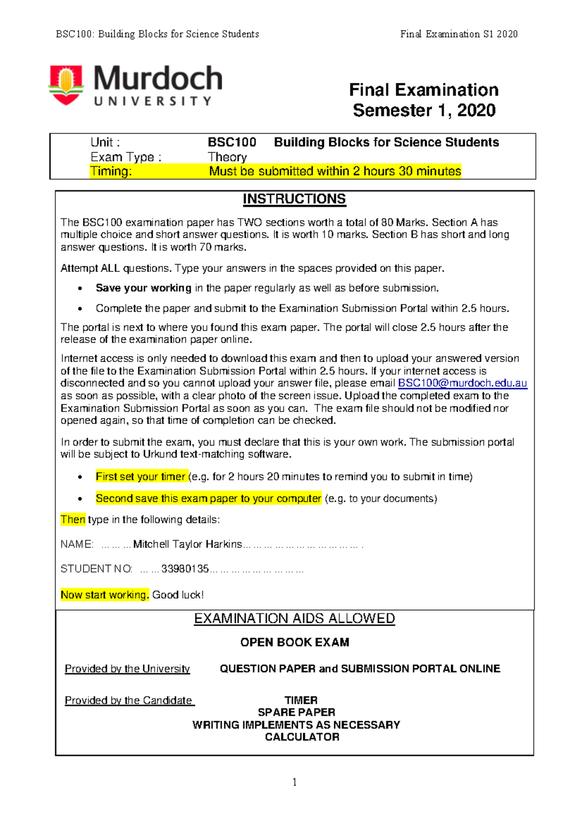 BSC100 Final Examination S1 2020 - BSC100 - Murdoch - Studocu
