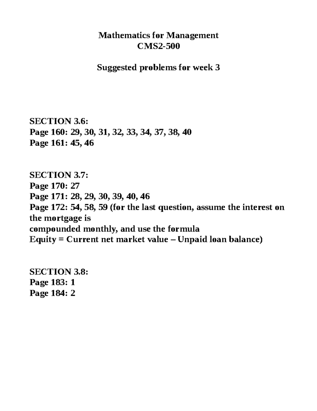 Assignment 3 - Mathematics for Management CMS2- Suggested problems for ...