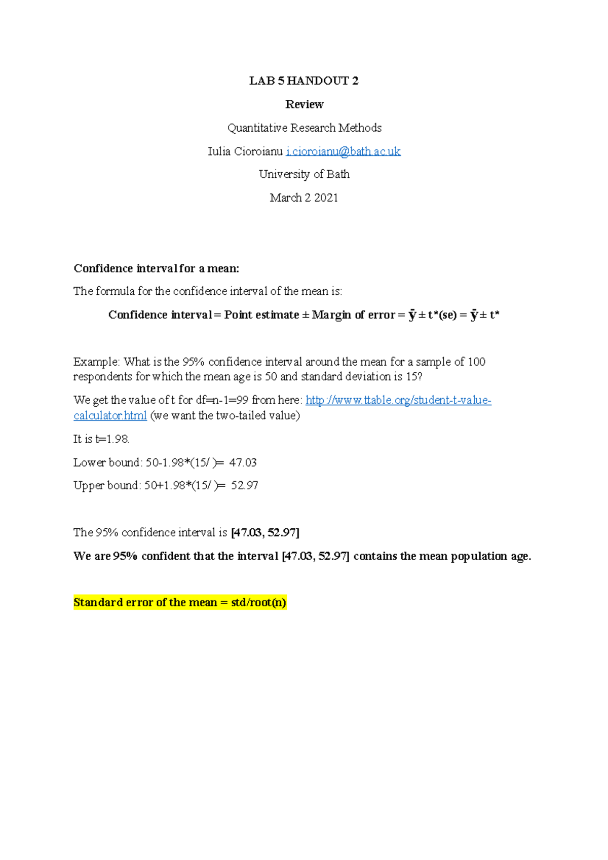 Lab 5 Handout Overview of Confidence intervals and hypothesis tests ...