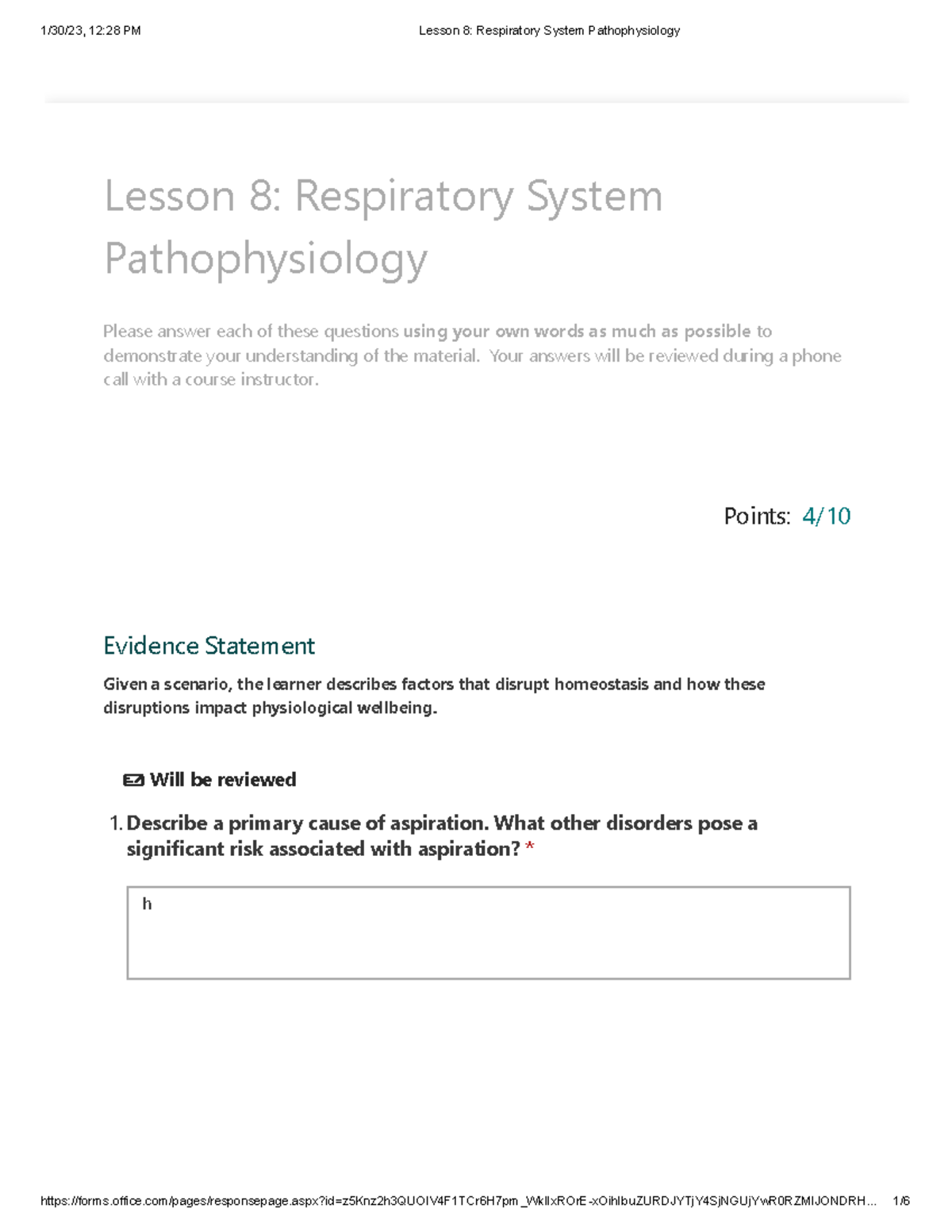 Lesson 8 Respiratory System Pathophysiology - Points: 4/ Lesson 8 ...