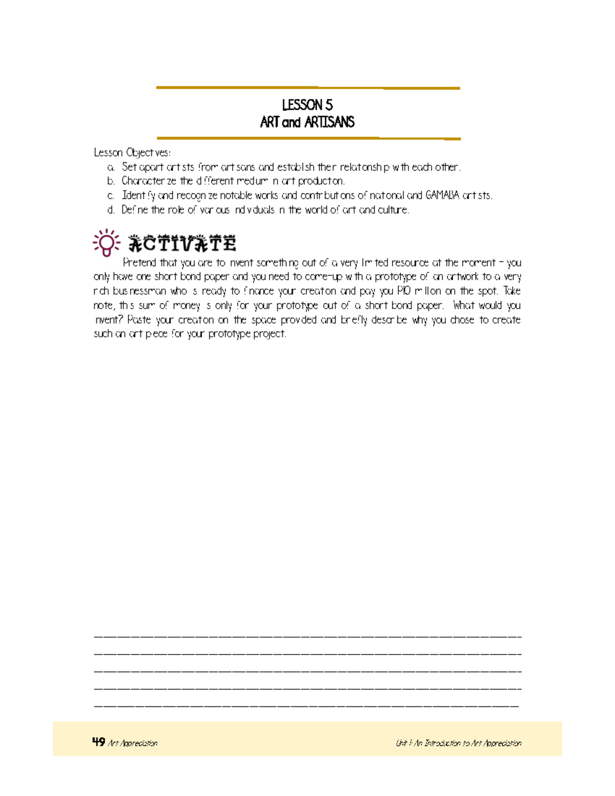 Lesson 5 ART AND Artisan - LESSON 5 ART and ARTISANS Lesson Objectives ...