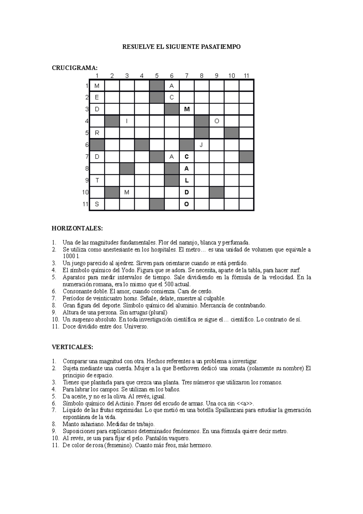 Crucigrama Comienzo curso - Ciencias Naturales - IES Siete Palmas - Studocu