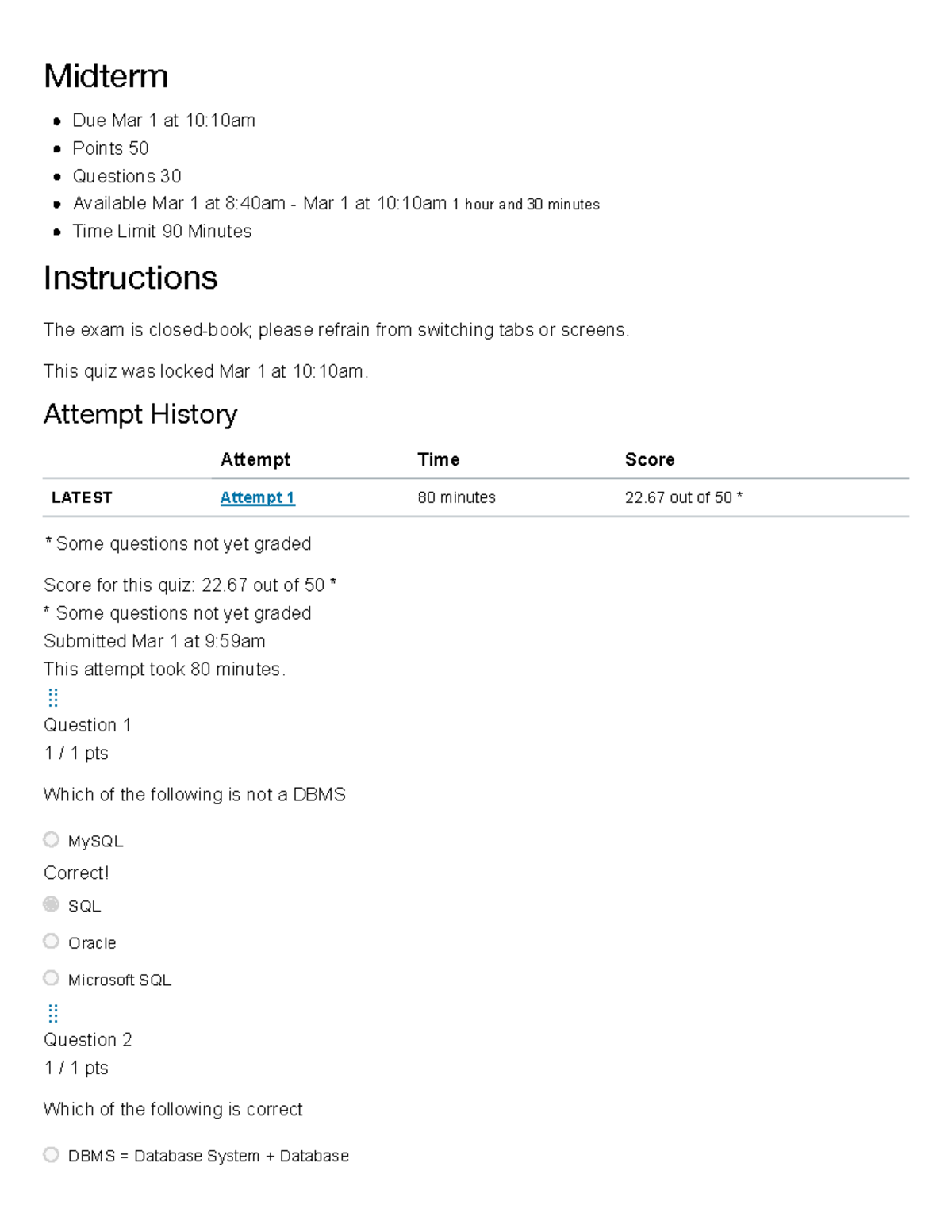 Midterm Spring 2024 CPSC 332-07 20793 - Midterm Due Mar 1 at 10:10am Points 50 Questions 30 ...