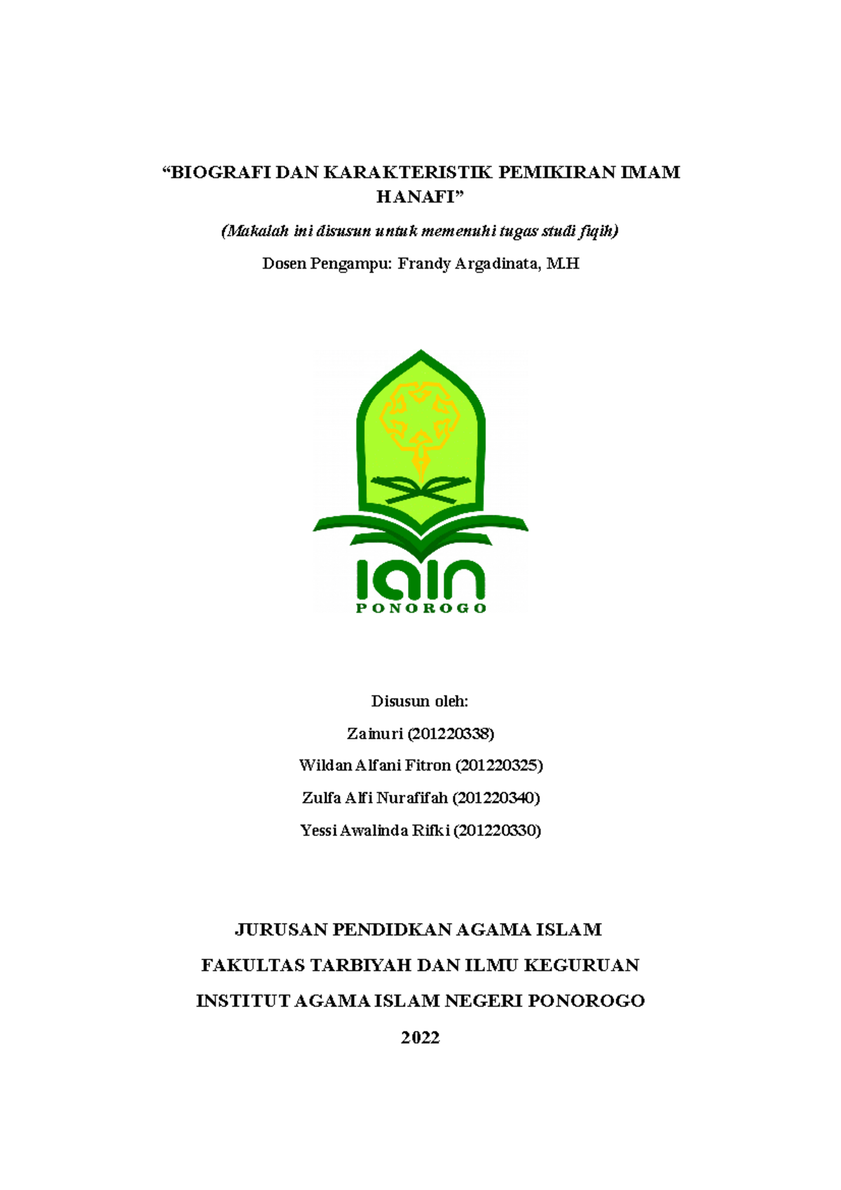 Biografi DAN Karakteristik Pemikiran IMAM Hanaf 1 - “BIOGRAFI DAN ...