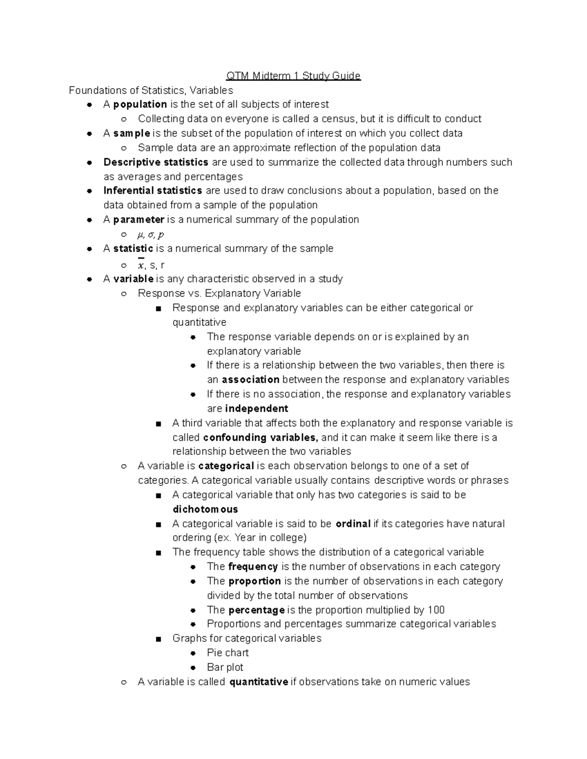 QTM Midterm 1 Study Guide - QTM Midterm 1 Study Guide Foundations of Statistics, Variables A ...