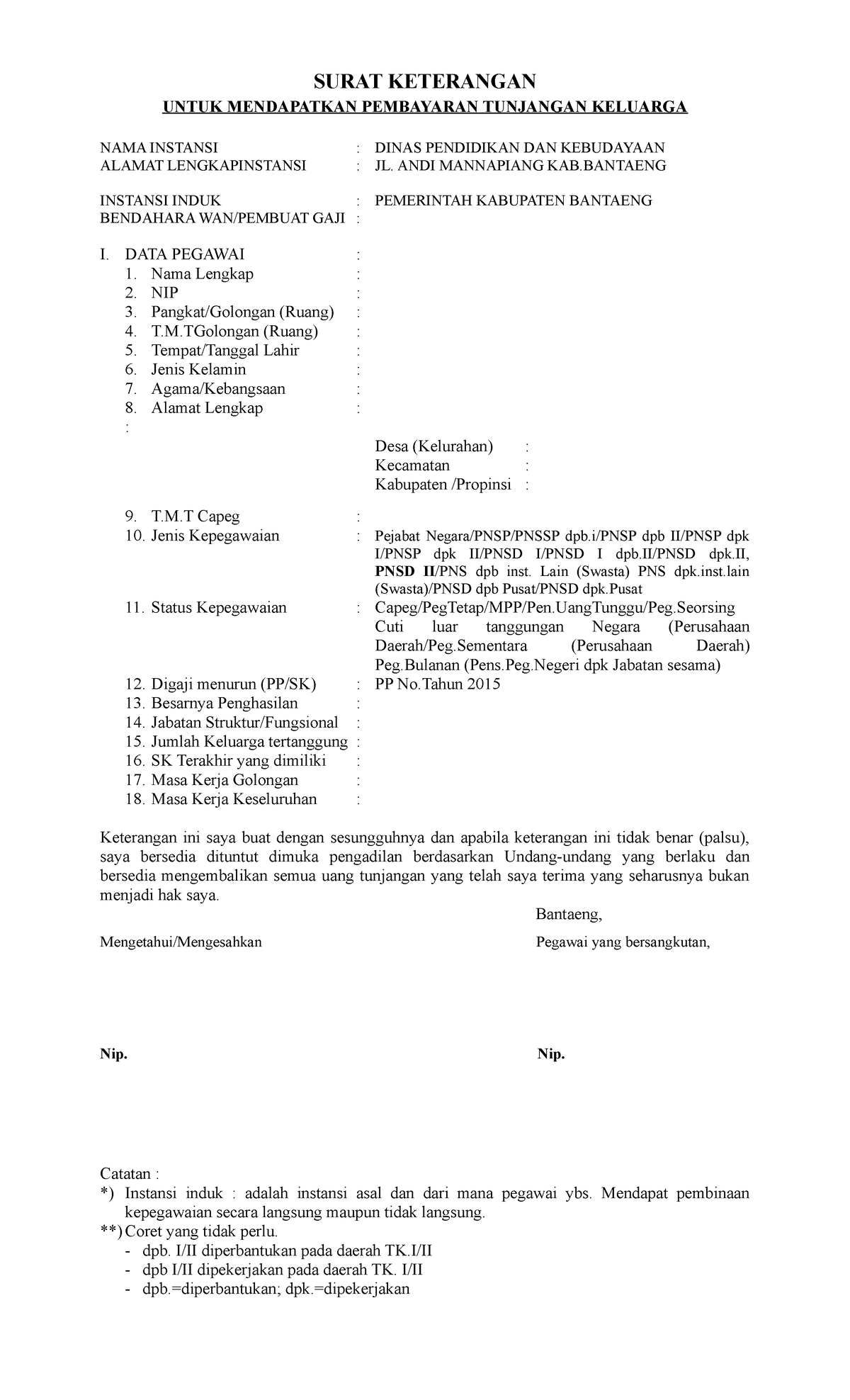 Format KP4 - SURAT KETERANGAN UNTUK MENDAPATKAN PEMBAYARAN TUNJANGAN ...
