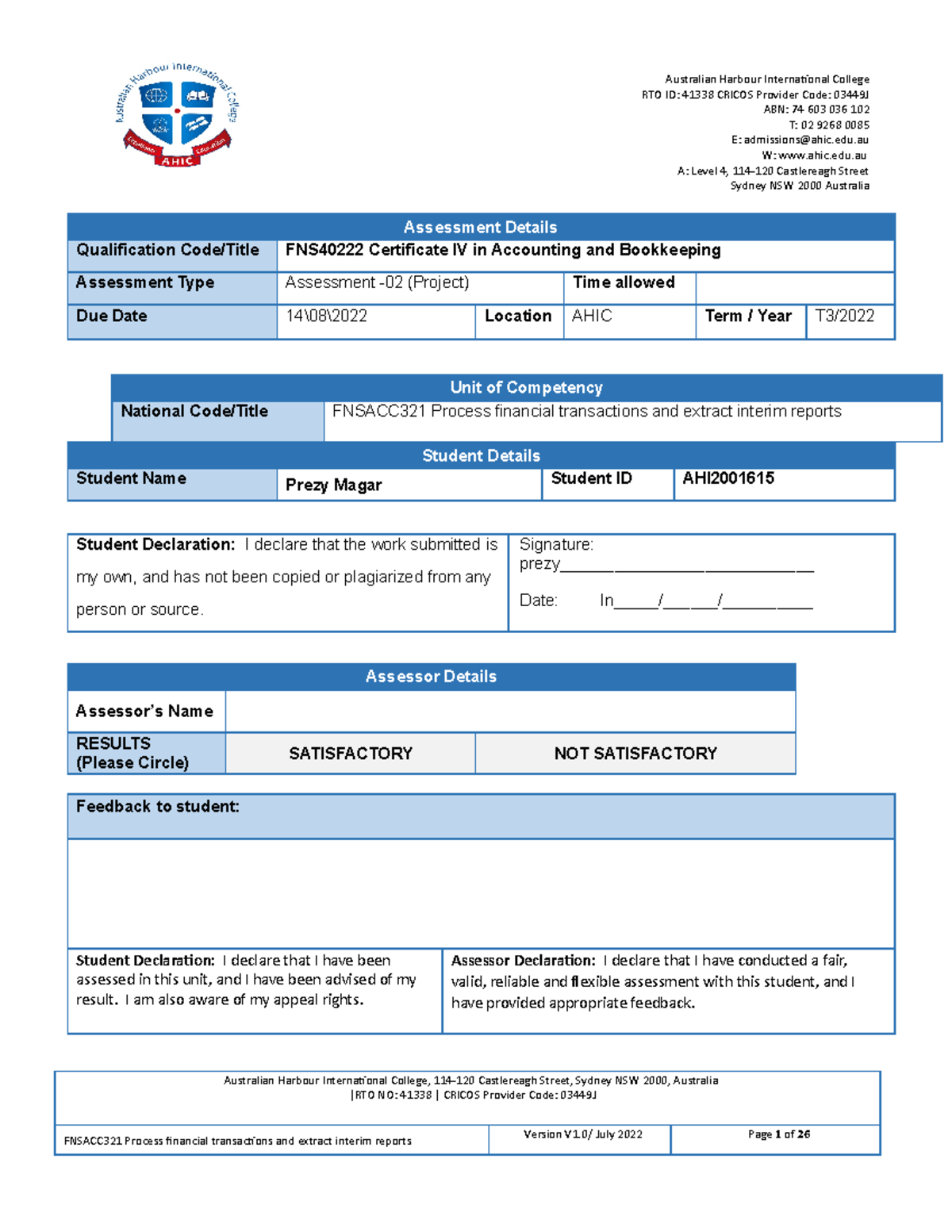 Assessment-2- Fnsacc 321 - ####### RTO ID: 41338 CRICOS Provider Code ...