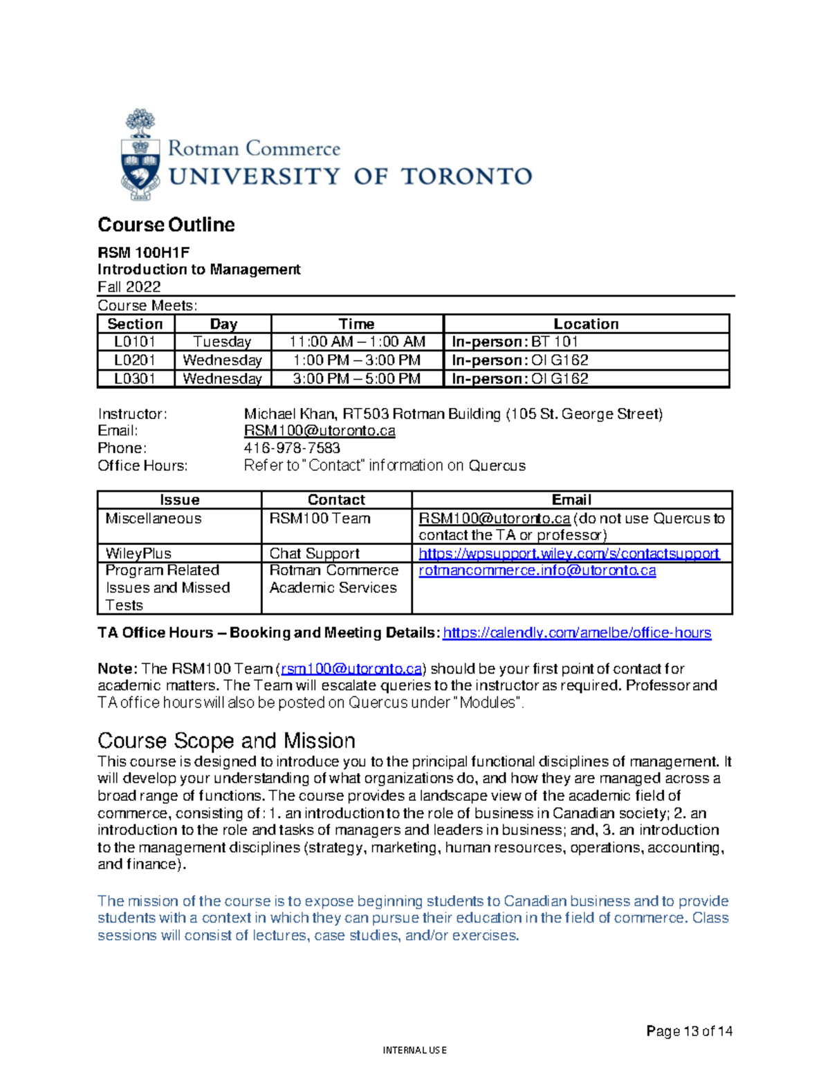 RSM100 Course Outline - Fall 2022-3 - Page 13 of 14 Course Outline RSM ...