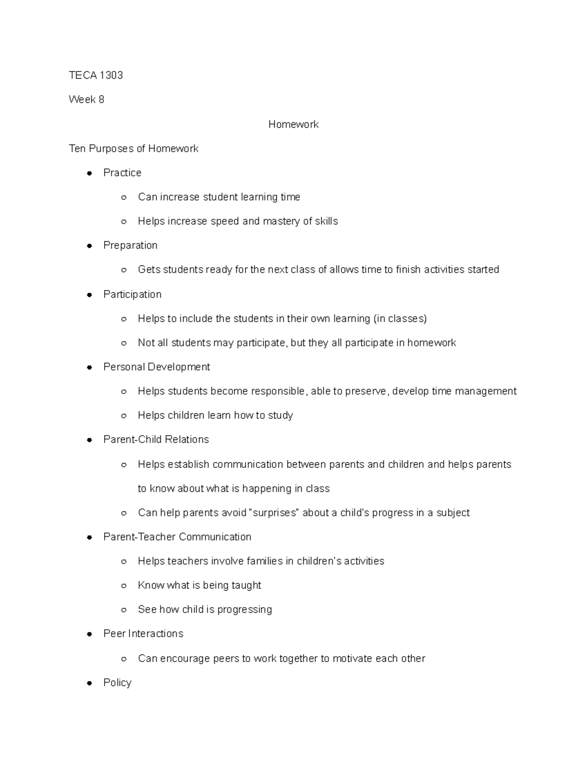 TECA1303 Week 8: Homework - TECA 1303 Week 8 Homework Ten Purposes of ...