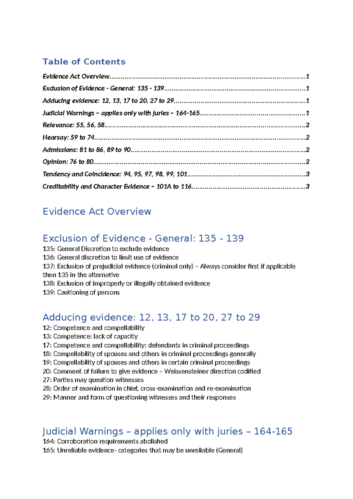 Evidence Act Overview - relevent sections with summaries - Table of ...