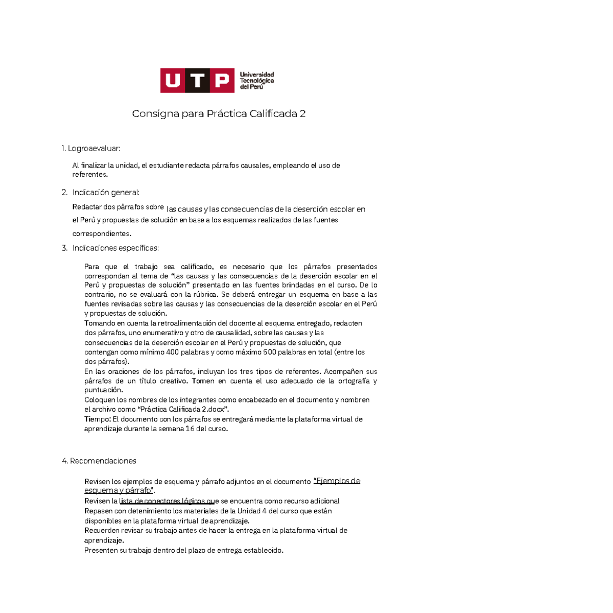 EA X101 PC2Consigna 24C1M docx - Consigna para Práctica Calificada 2 2. 3. 1. Logroaevaluar: 4 ...