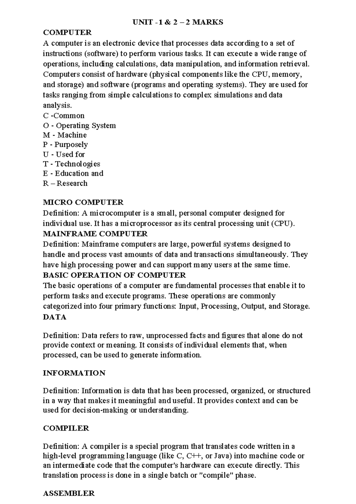 AOC Notes - UNIT -1 & 2 – 2 MARKS COMPUTER A computer is an electronic ...