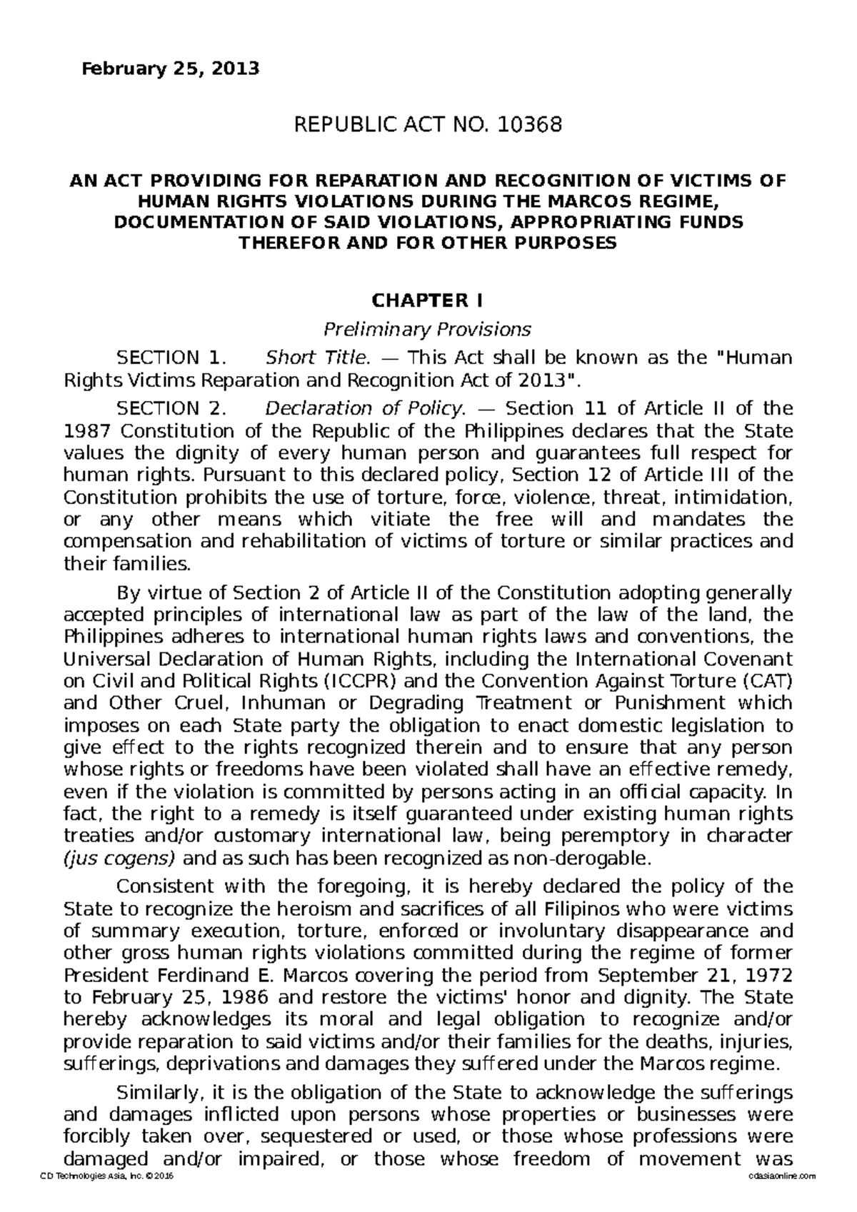 Human Rights Victims Reparation and Recognition Act of 2013 - February ...