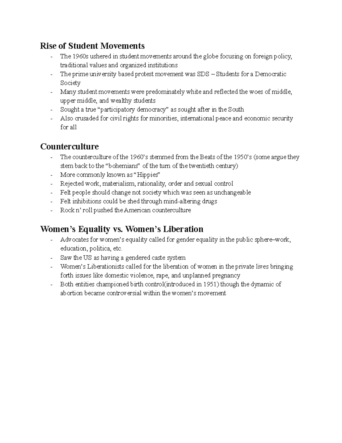 Rise of Student Movements - Women’s Liberation Advocates for women’s ...