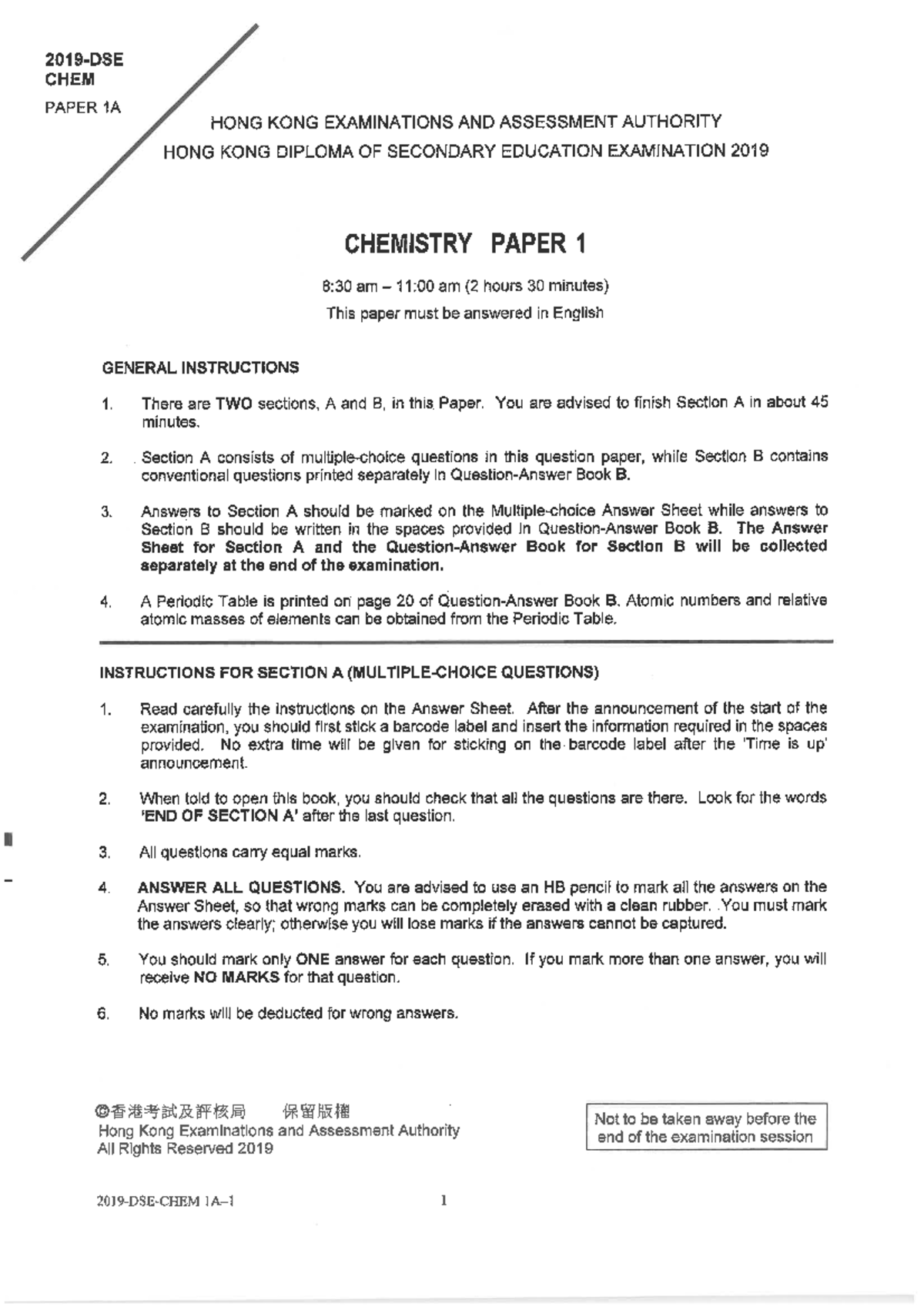 2019 CHEM 1A E - Past paper - General chemistry - Studocu