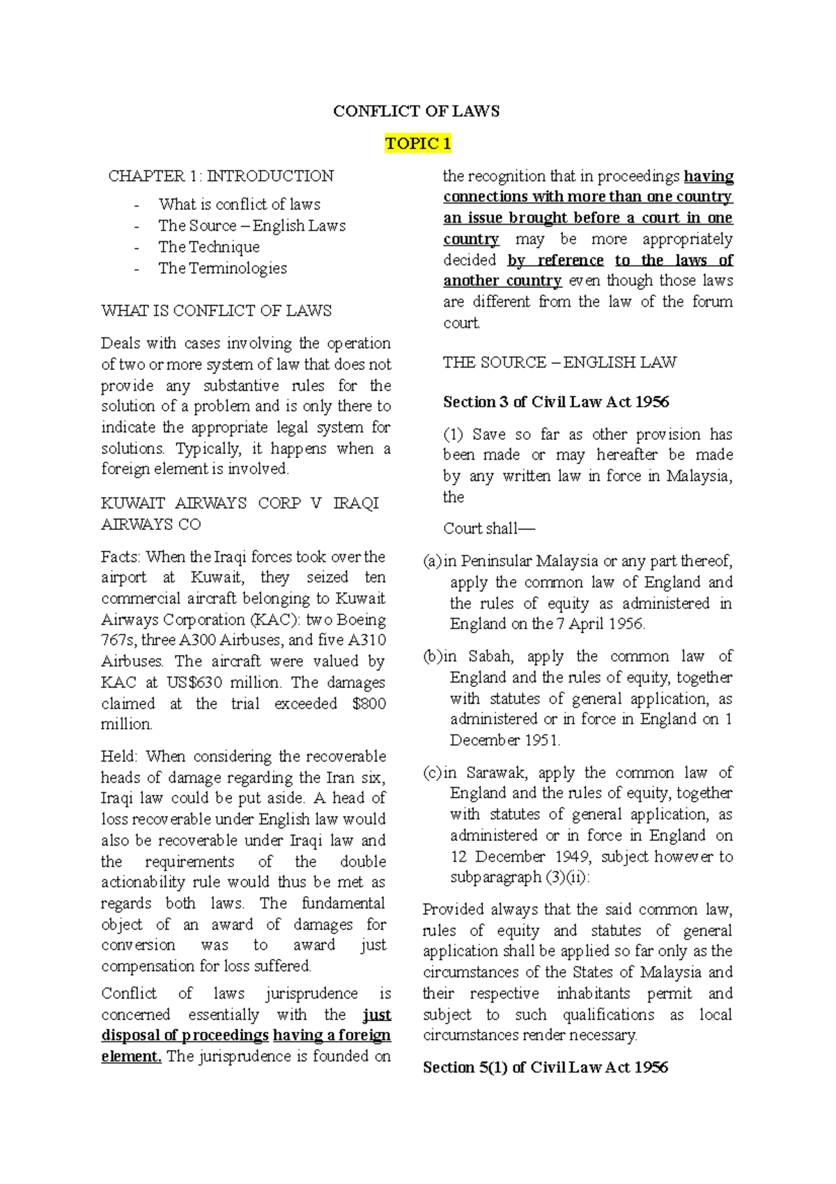 Topic 1 - have fun - CONFLICT OF LAWS TOPIC 1 CHAPTER 1: INTRODUCTION ...