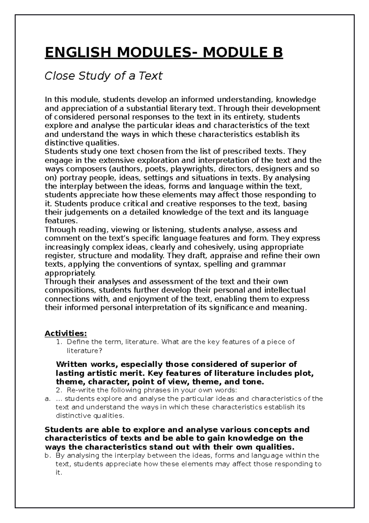 English Modules B - ENGLISH MODULES- MODULE B Close Study of a Text In ...