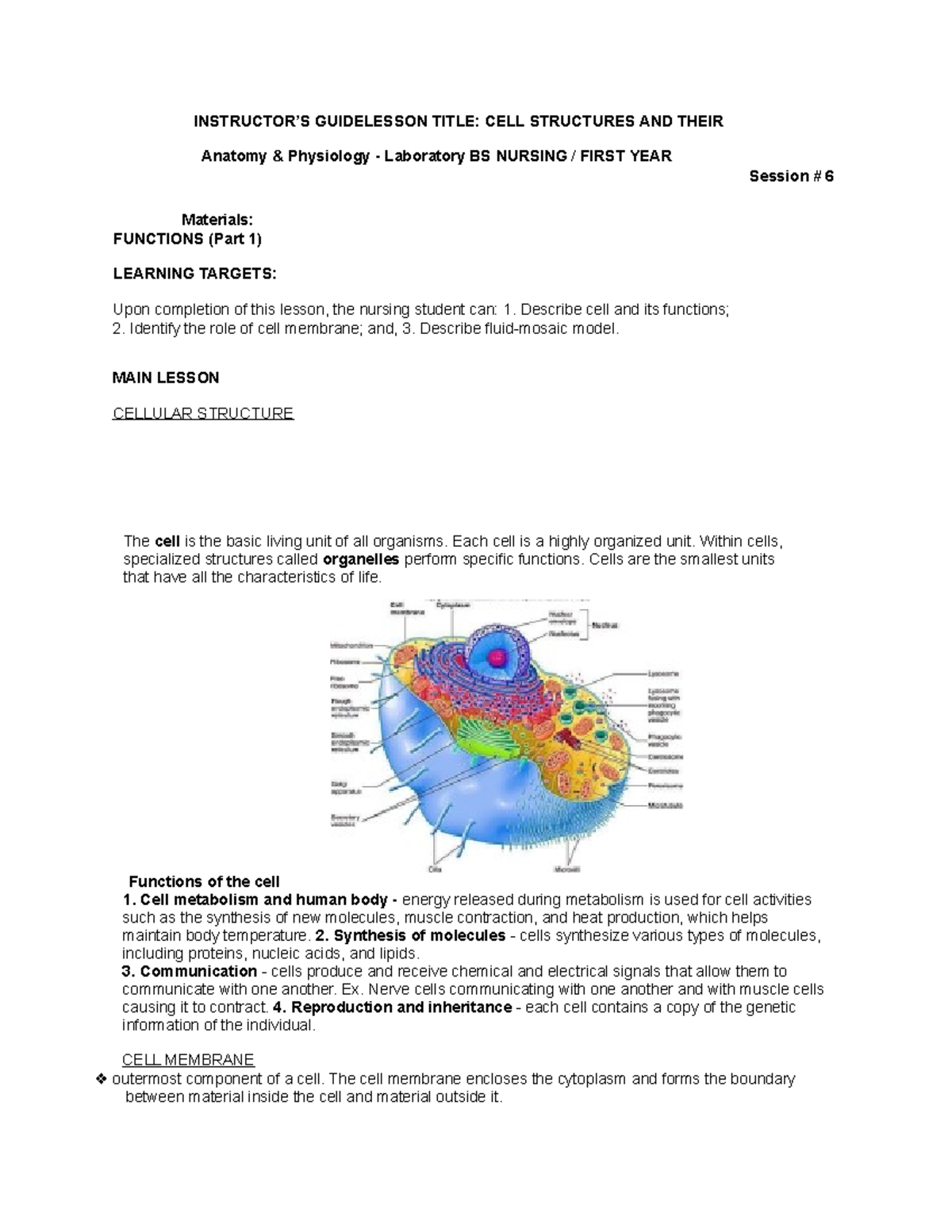 Anaphy LAB SAS 6 - INSTRUCTOR’S GUIDELESSON TITLE: CELL STRUCTURES AND ...