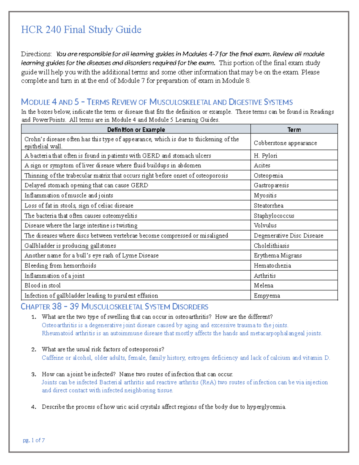 HCR 240 Module 7 Final Exam Study Guide - Directions: You are ...