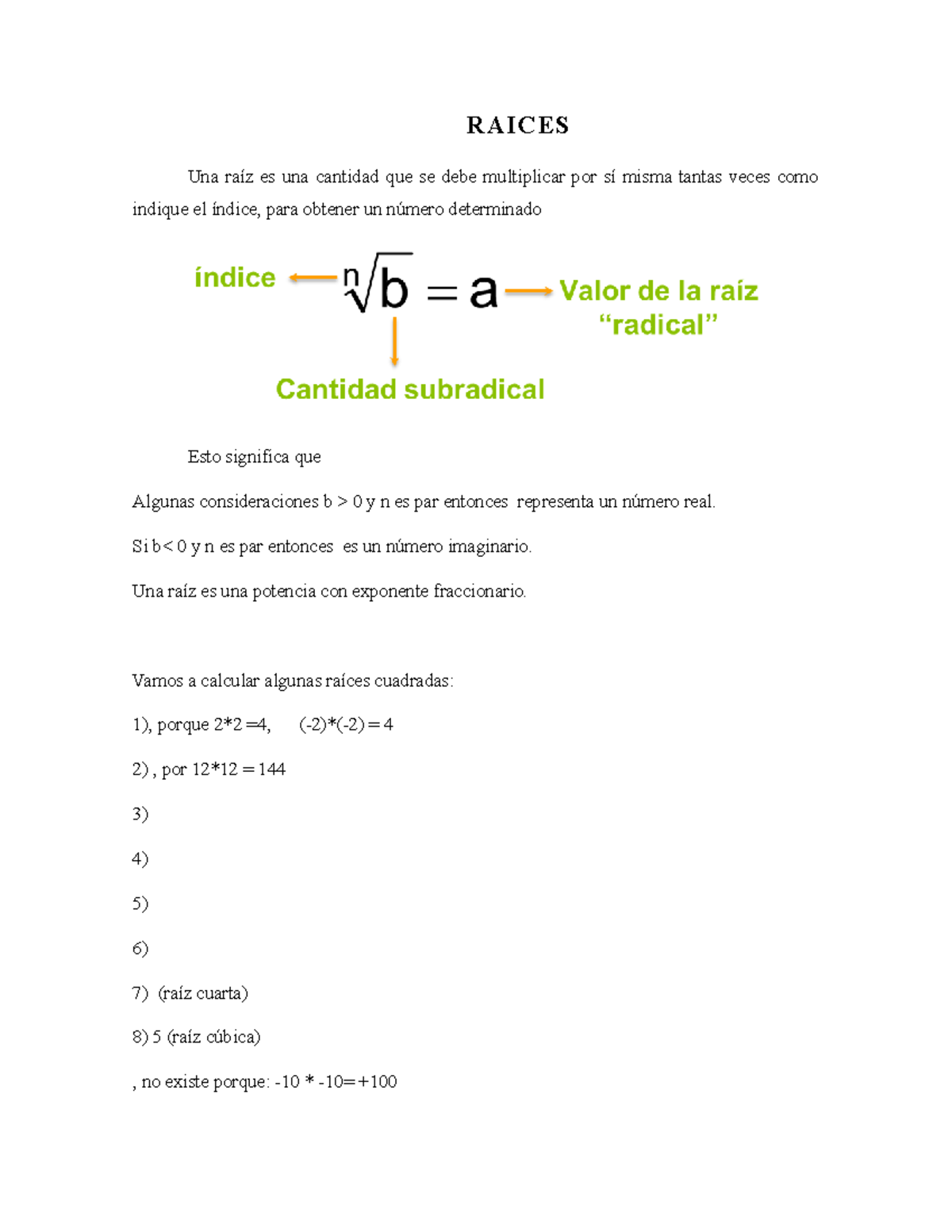 Raices - Resumen de ejercicios de raíces - RAICES Una raíz es una ...