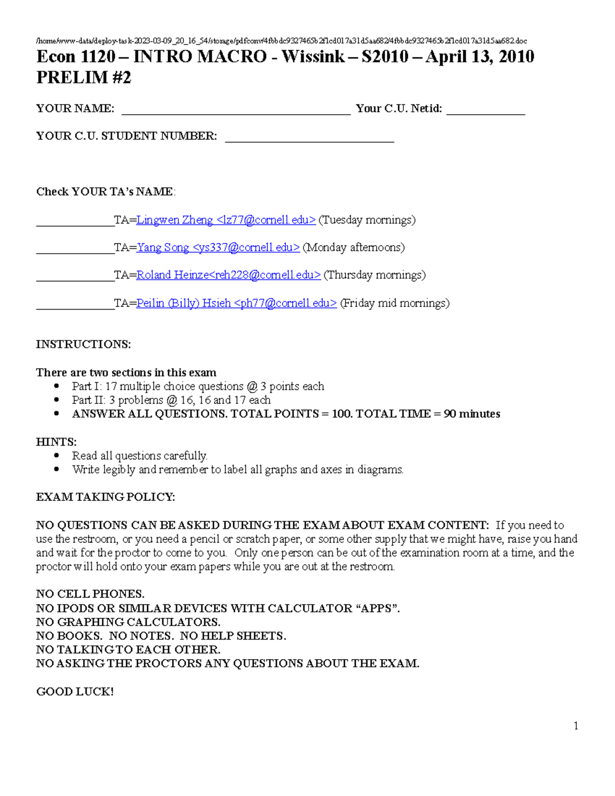 Practice Prelim 2 - Spring 2010 - - Studocu