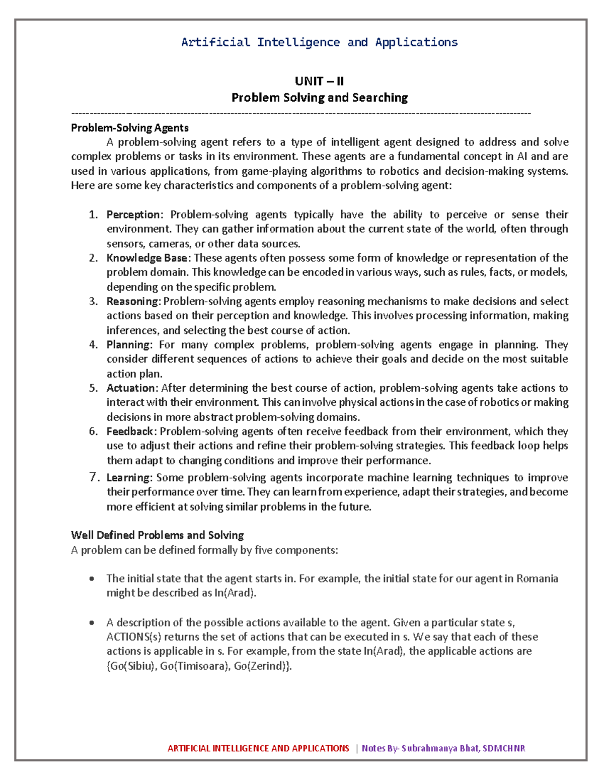 AI and Applications UNIT II-1 - UNIT – II Problem Solving and Searching - Problem-Solving Agents ...
