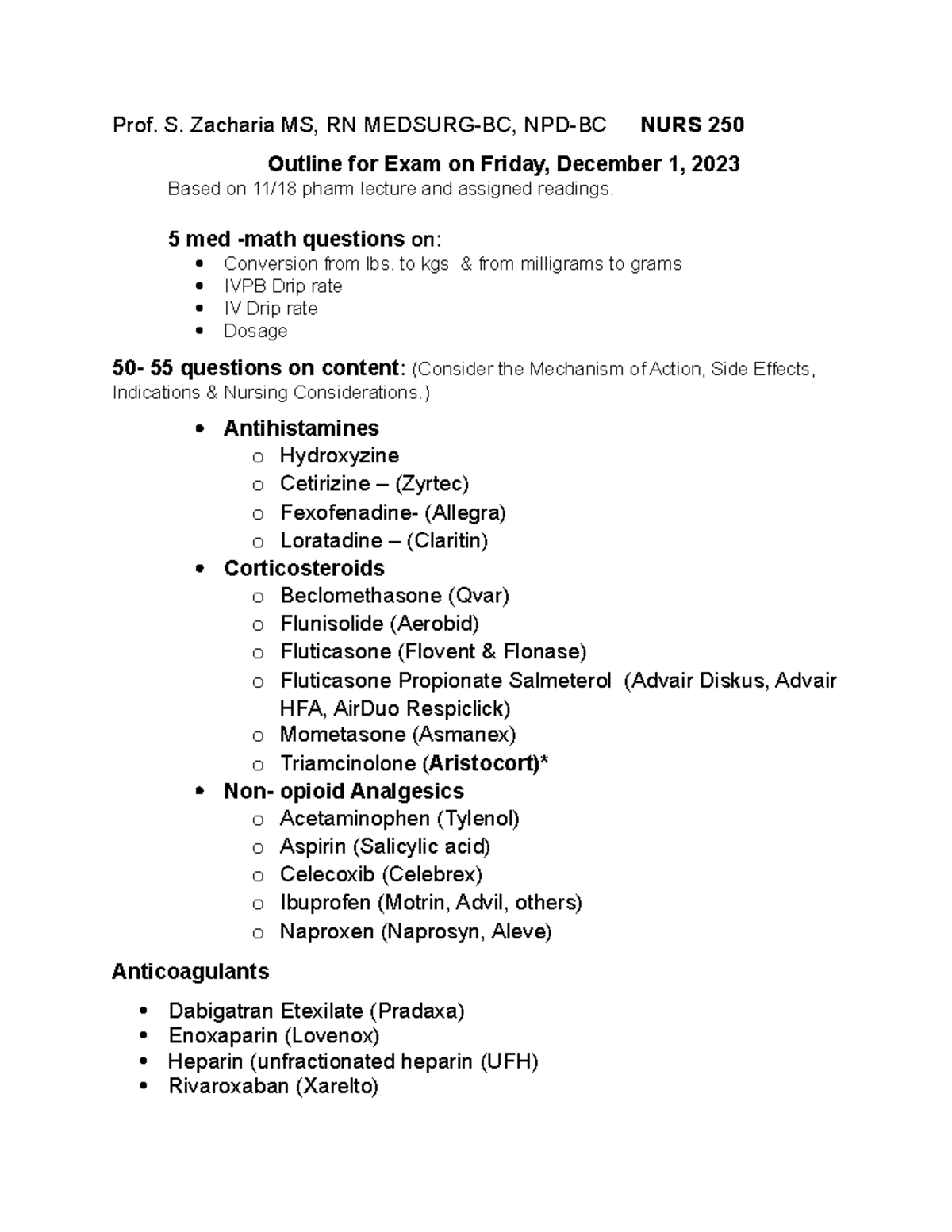 Pharm Lecture Exam Review - Prof. S. Zacharia MS, RN MEDSURG-BC, NPD-BC ...