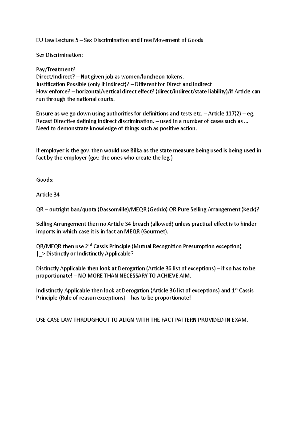 Eu Law Lecture 5 Notes Eu Law Lecture 5 Sex Discrimination And Free Movement Of Goods Sex