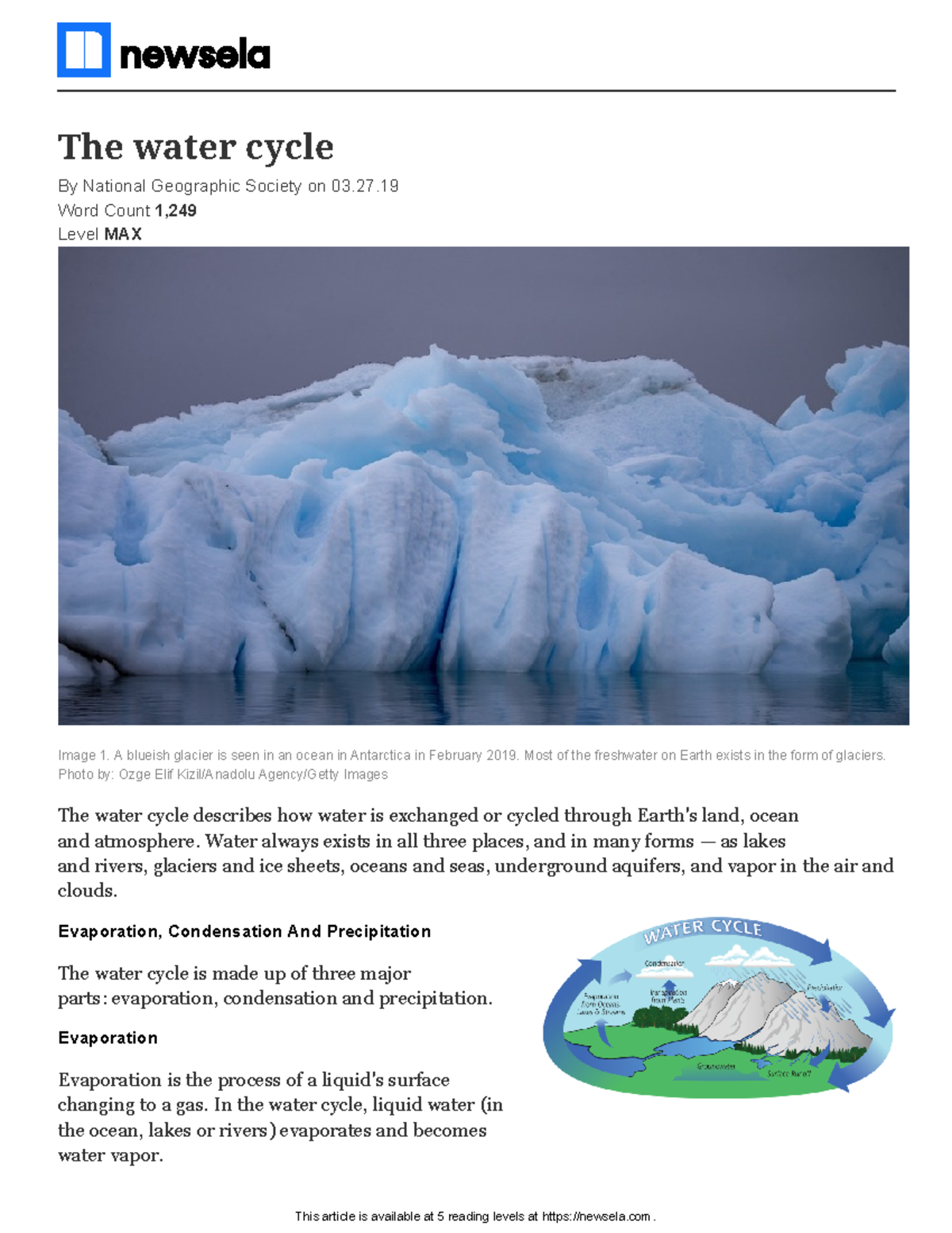 Water on ice - The water cycle Image 1. A blueish glacier is seen in an ...