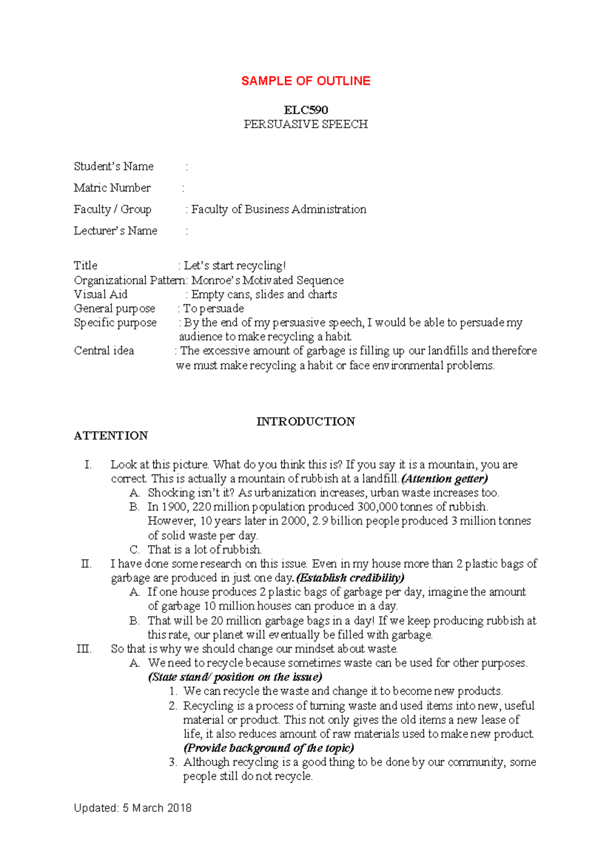 ELC590 Assessment 3 Sample - SAMPLE OF OUTLINE ELC PERSUASIVE SPEECH ...