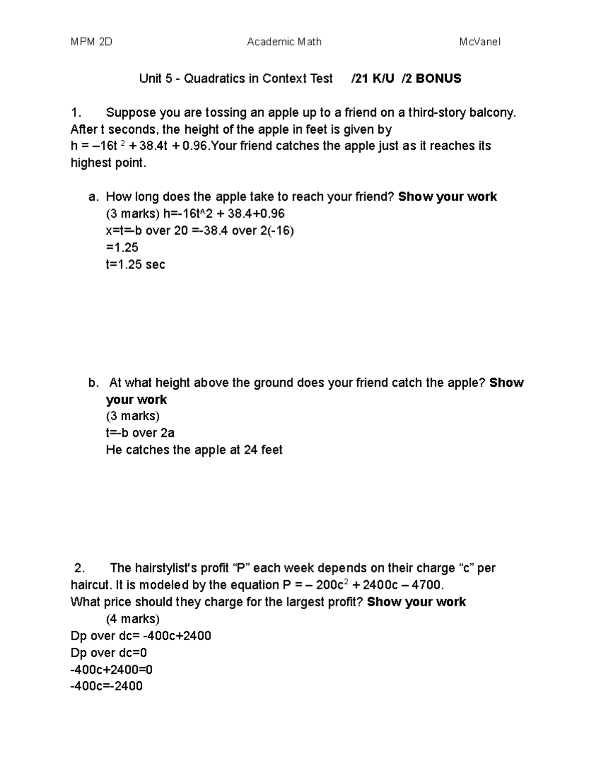 Copy of Unit 5 Quadratics in Context Test - Unit 5 - Quadratics in ...