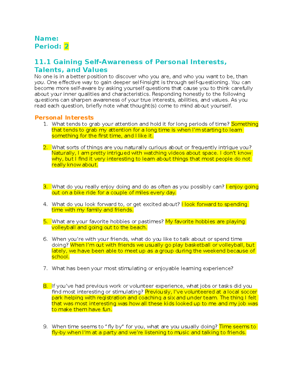 Value and skills exercise - Name: Period: 2 11 Gaining Self-Awareness ...