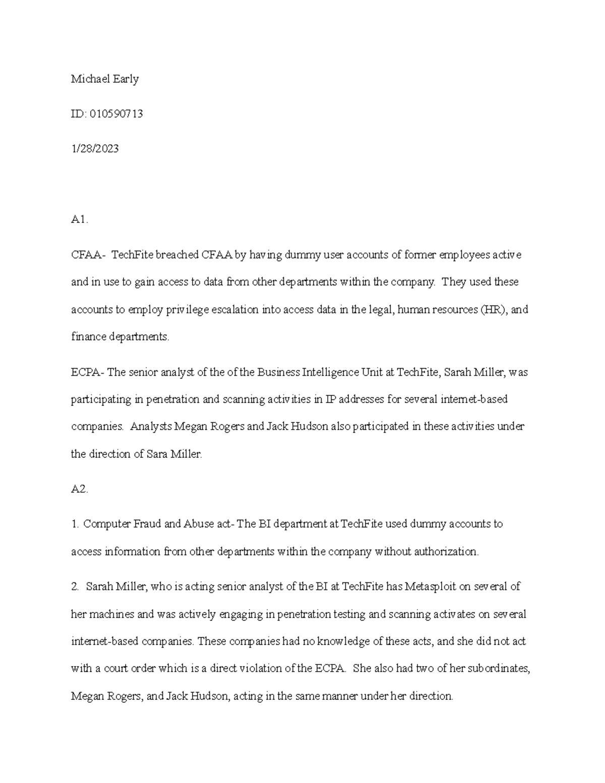 C841 Task 1 - C841 Task 1 - Michael Early ID: 010590713 1/28/ A1. CFAA ...