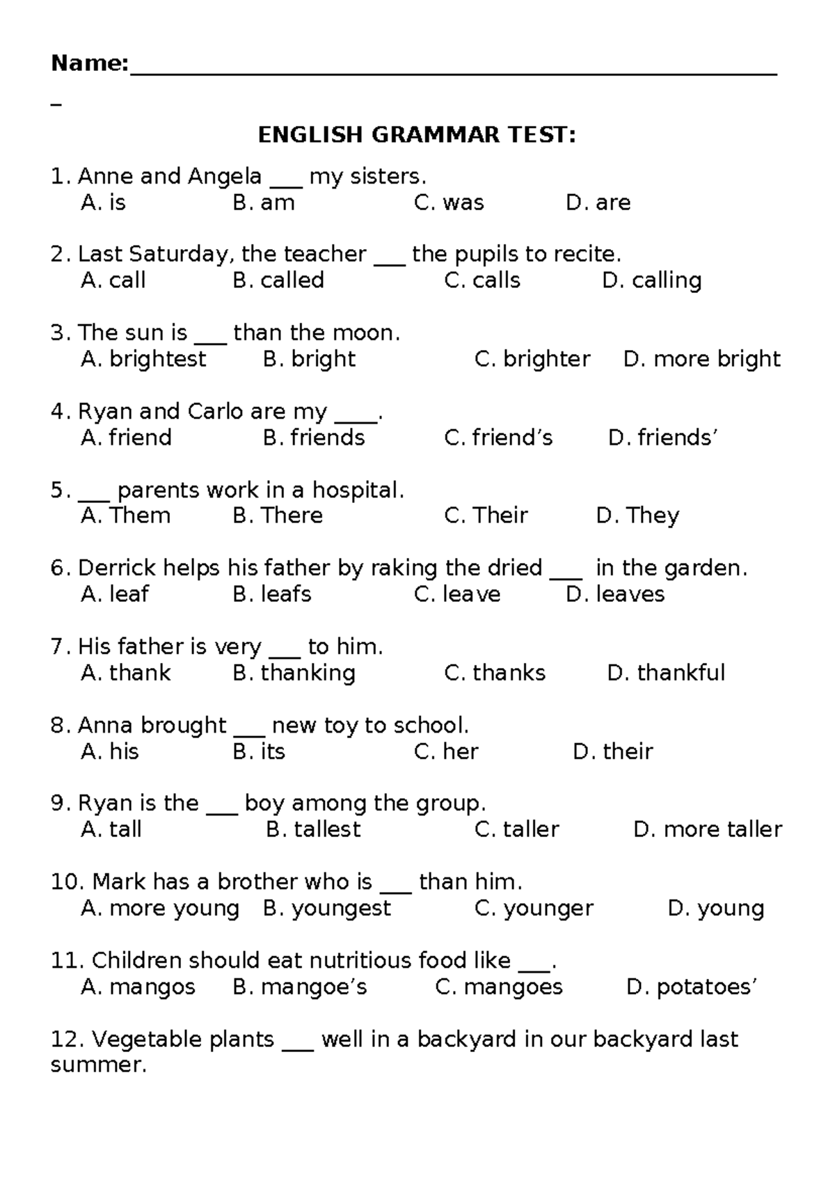 English- Grammar-TEST - Name