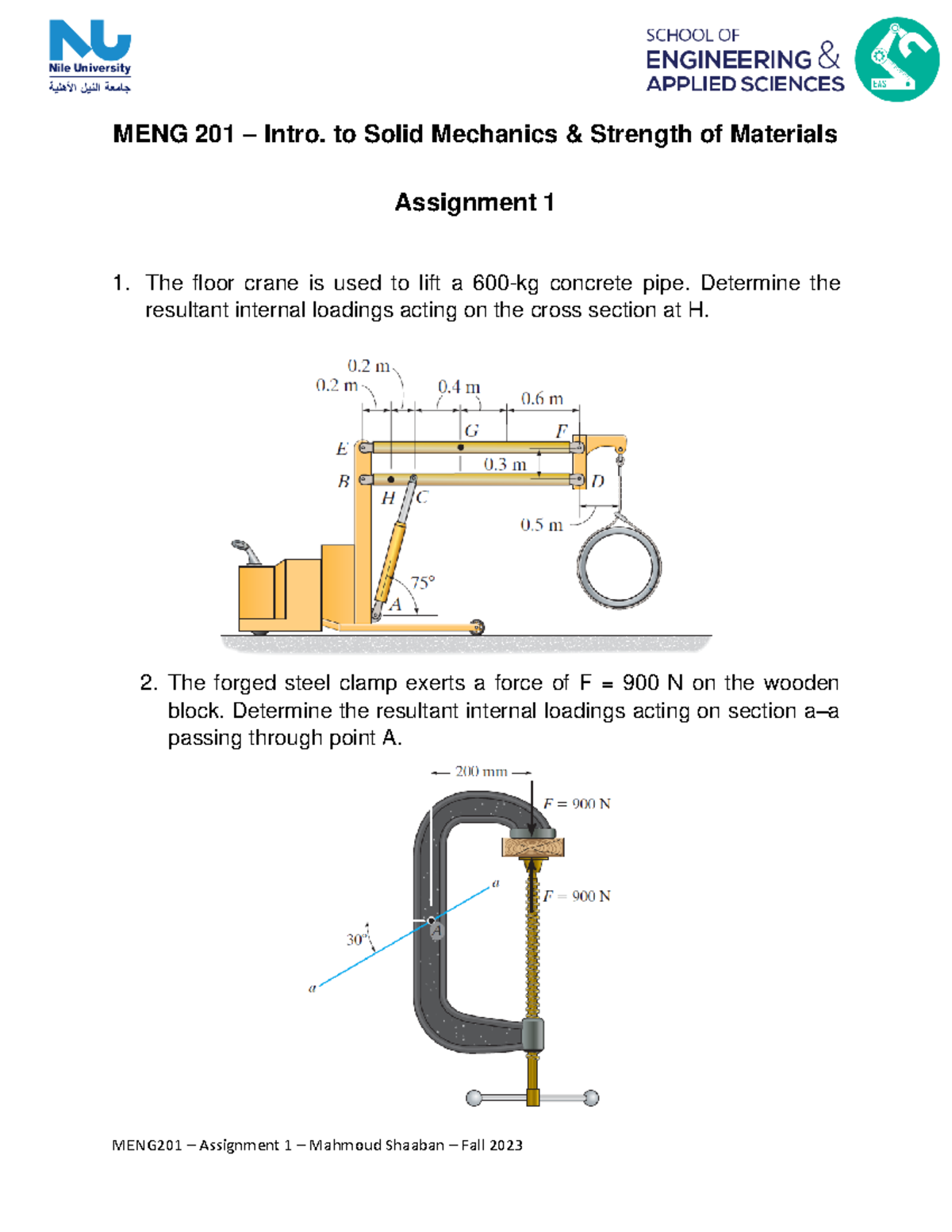 Assignment 1 - MENG 201 – Intro. to Solid Mechanics & Strength of Materials MENG 201 – - Studocu