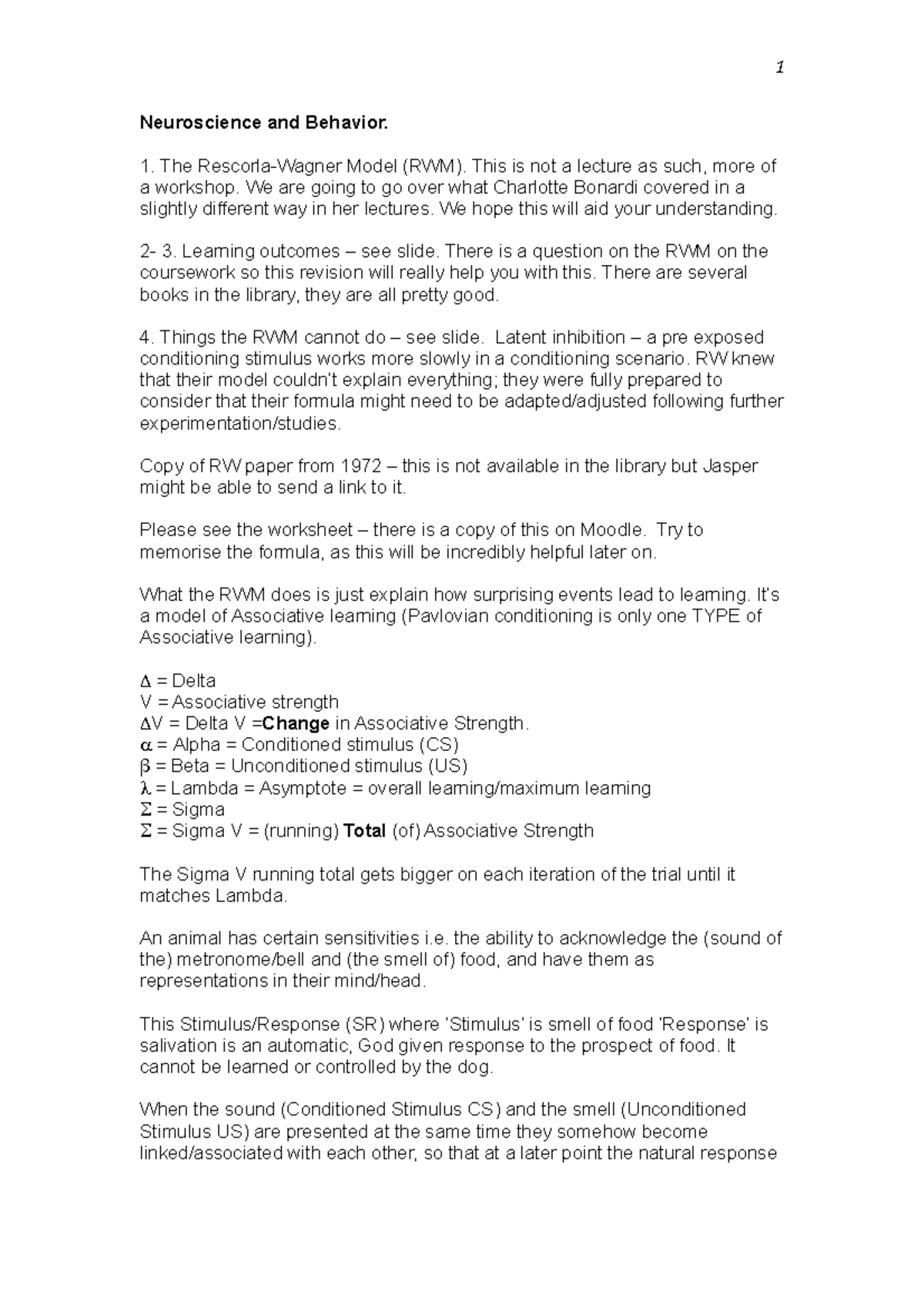 Lecture 14 Neuroscience - Neuroscience and Behavior. The Rescorla ...