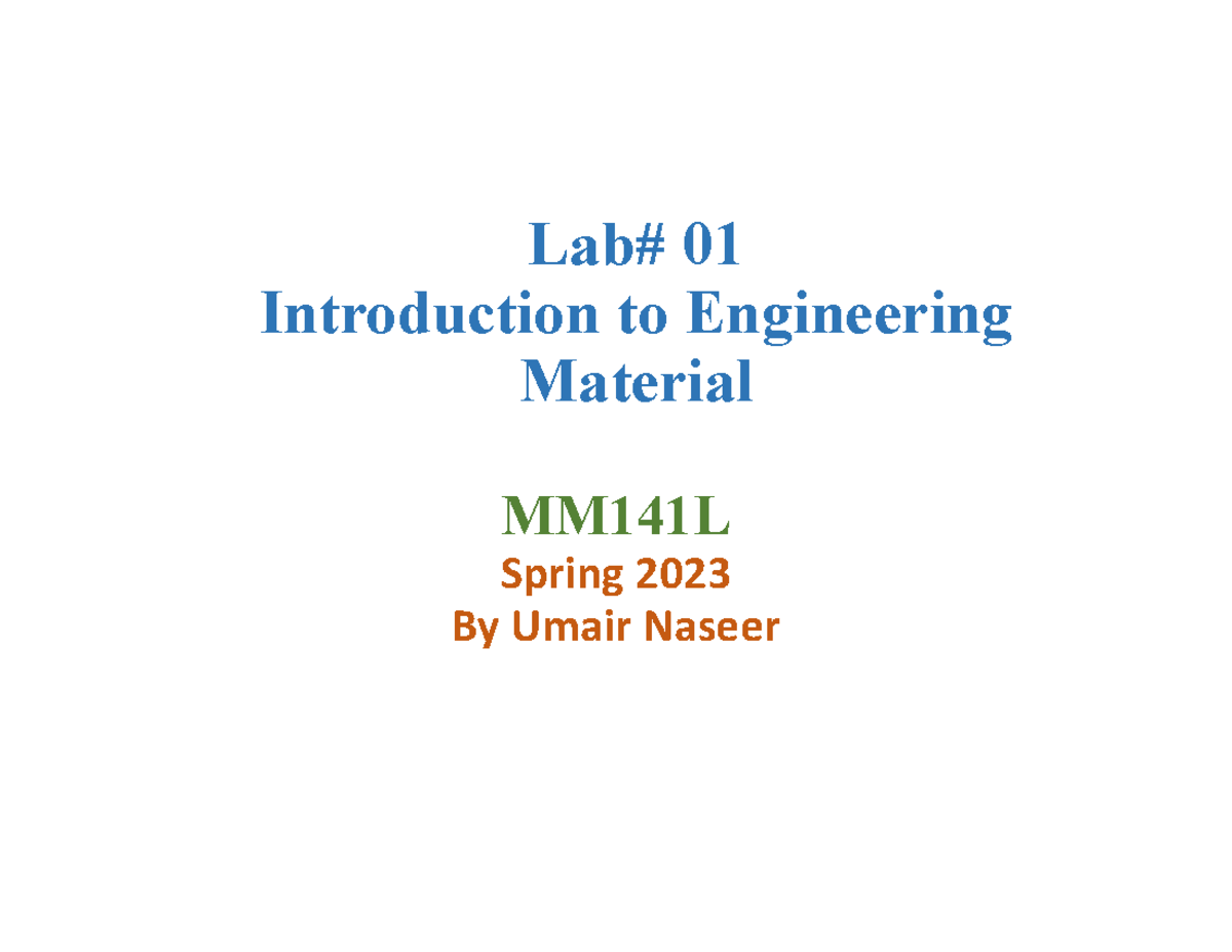 Lab-1 Introduction to Engineering Materials - Lab# 01 Introduction to Engineering Material ...
