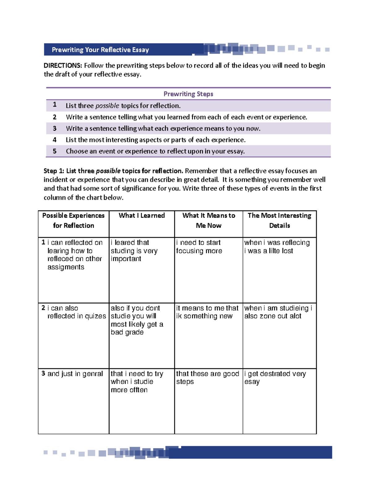 Prewriting Reflection - Prewriting Your Reflective Essay DIRECTIONS ...