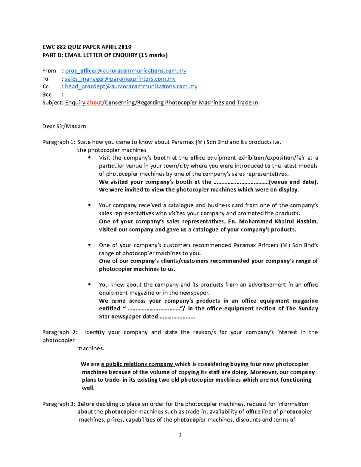 9l. Template Email Letter OF Enquiry April 2019 - EWC 662 QUIZ PAPER ...