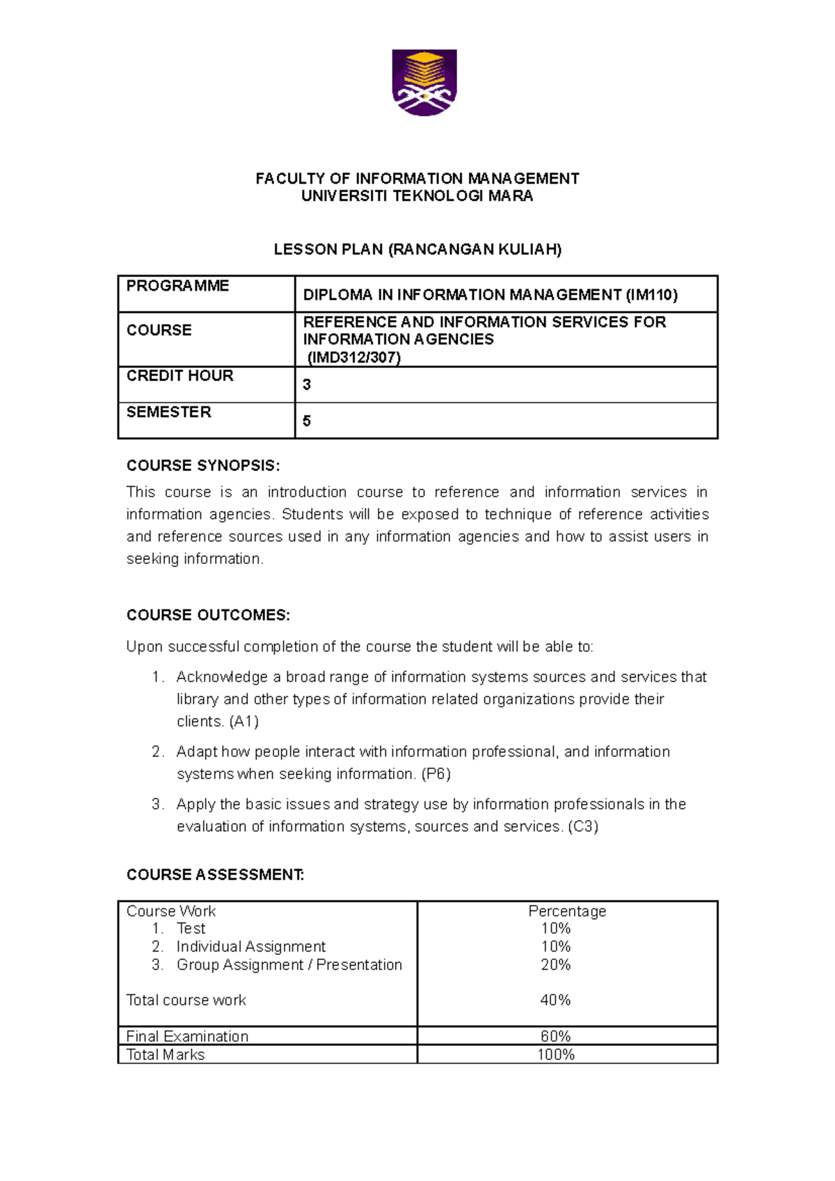 Lesson Plan-IMD312-Mac 2019 - FACULTY OF INFORMATION MANAGEMENT ...