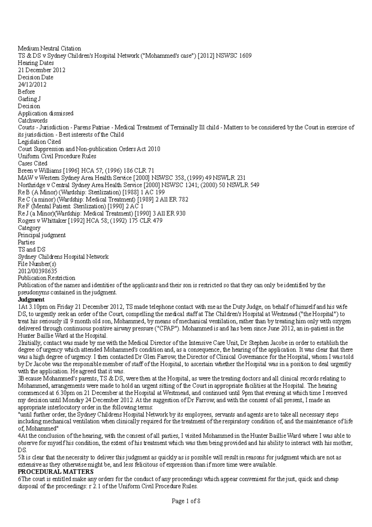 Case summary of Mohammeds Case - Medium Neutral Citation TS & DS v ...