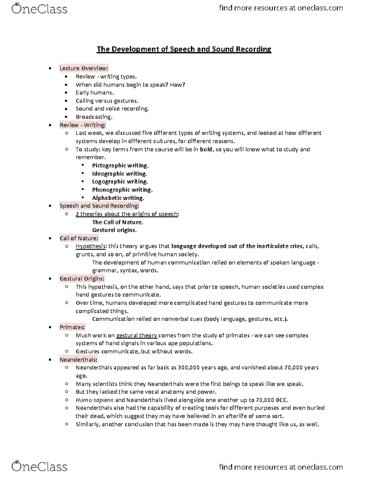 Mdsa02 lecture note week3 - The Development of Speech and Sound Recording Lecture Overview ...