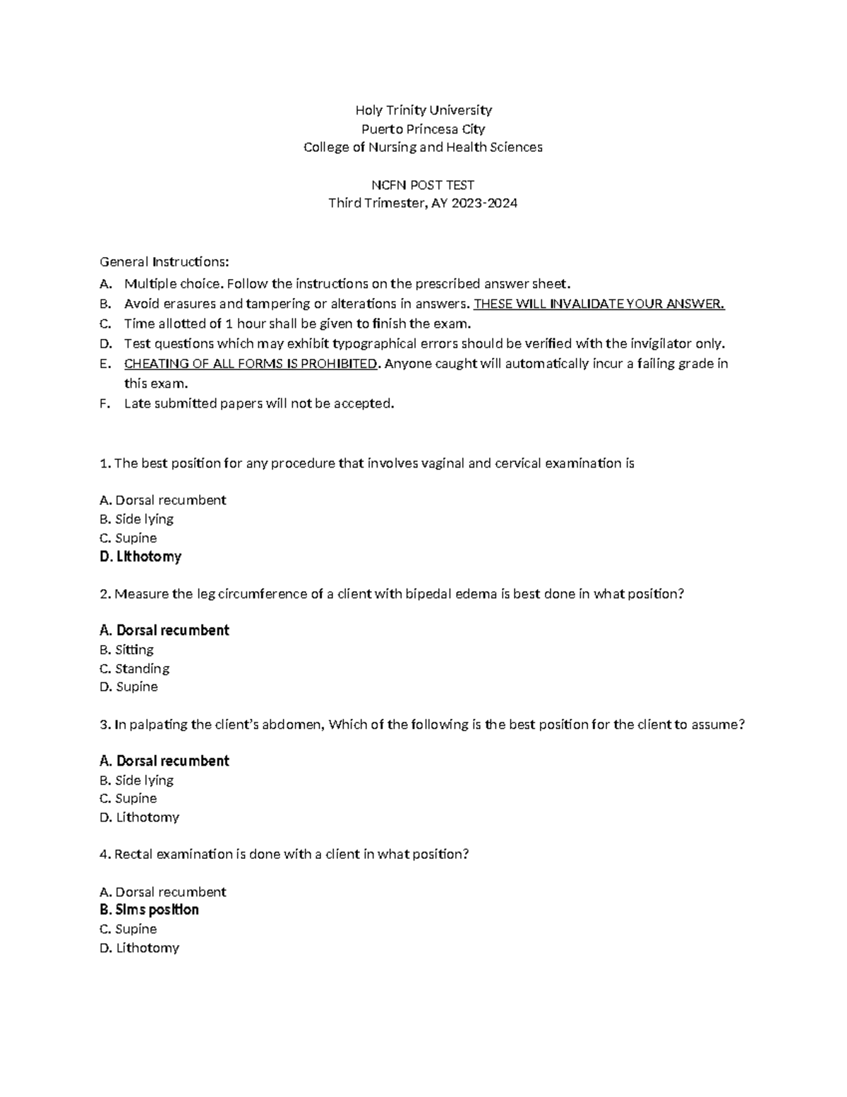 NCFN-POST-TEST - hellos - Holy Trinity University Puerto Princesa City ...