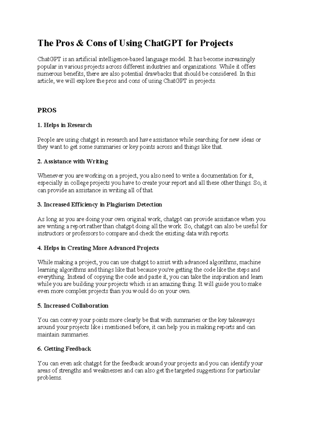 The Pros & Cons of Using Chat GPT for Projects - The Pros & Cons of ...