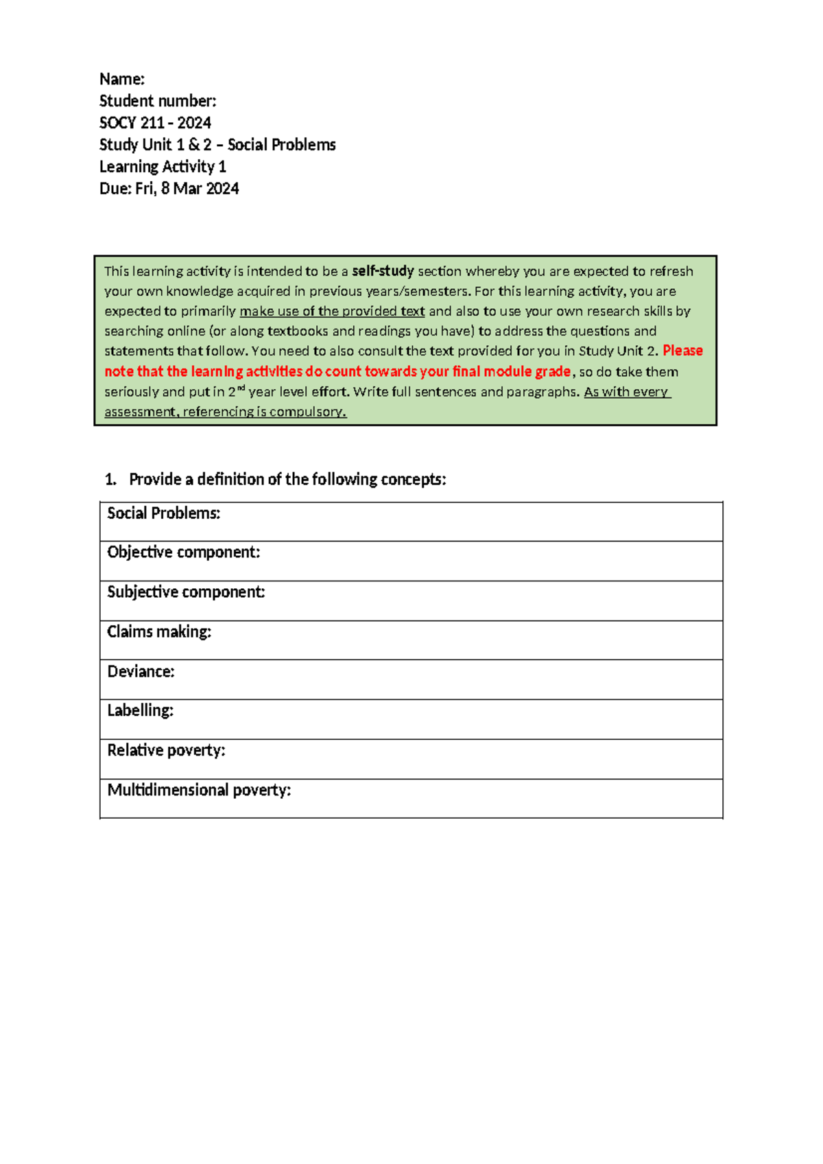 SOCY 211 LA1 ed - Name: Student number: SOCY 211 - 2024 Study Unit 1 ...