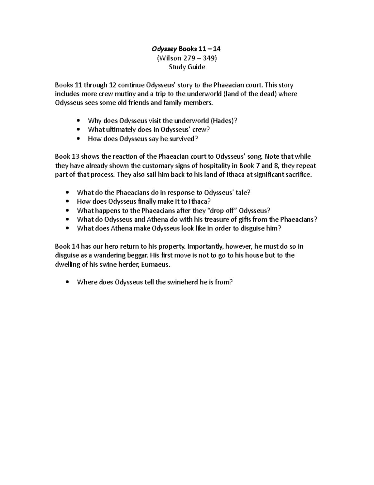 Odyssey Books 11 - 14 - Study Guide - Odyssey Books 11 – 14 (Wilson 279 ...
