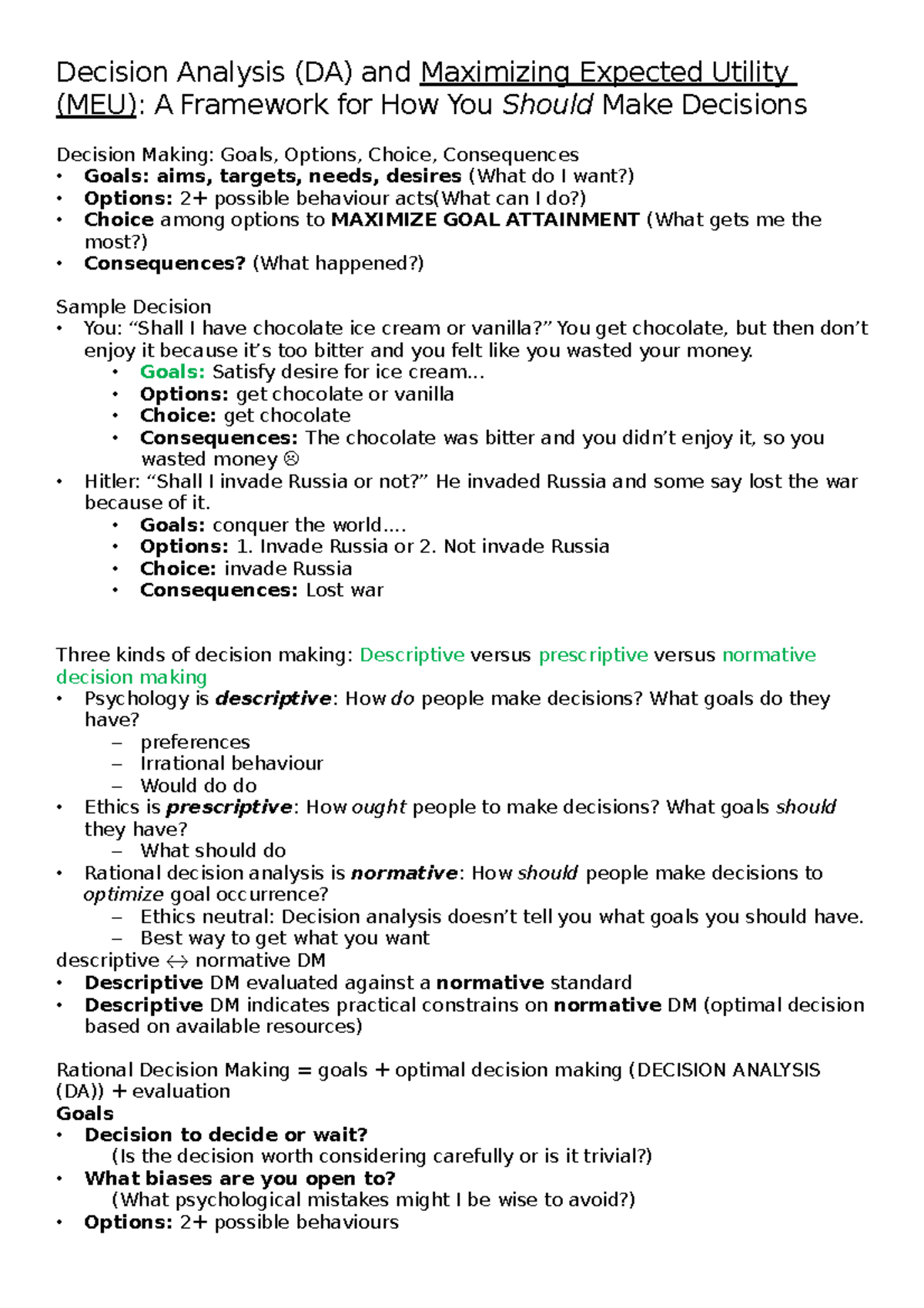 Decision Making Lecture 6 - Decision Analysis notes - Decision Analysis ...