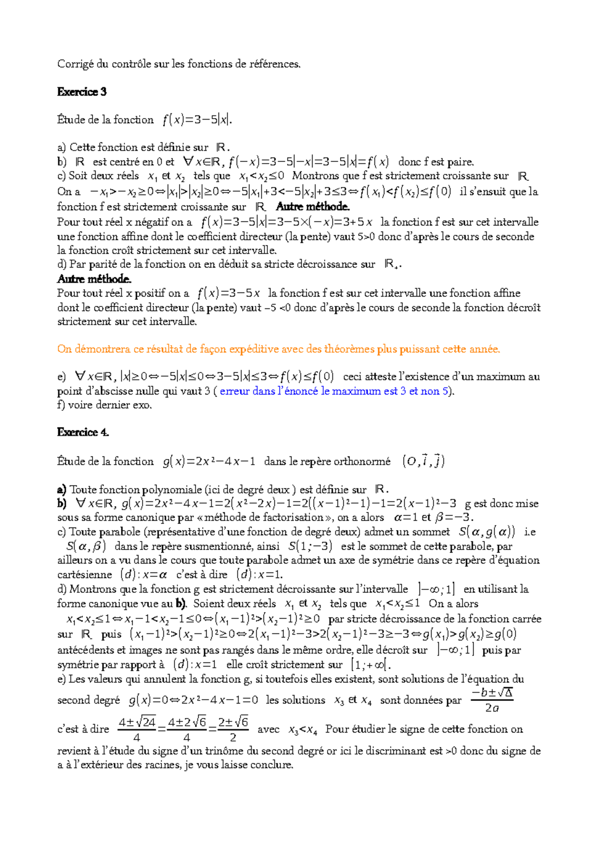 Corrigé fonctions de référence - Corrigé du contrôle sur les fonctions ...