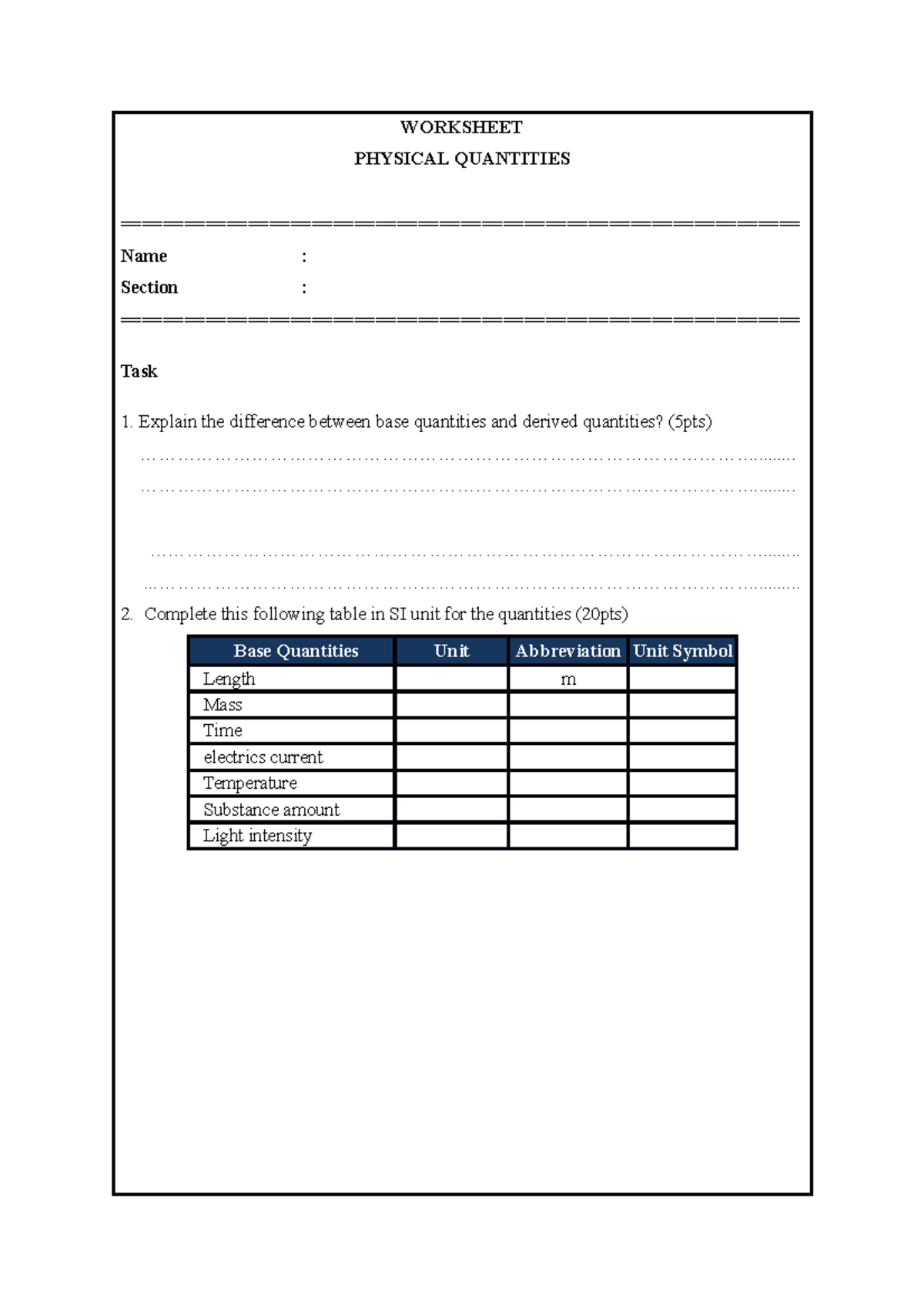Physical Quantities Worksheet - WORKSHEET PHYSICAL QUANTITIES - Studocu