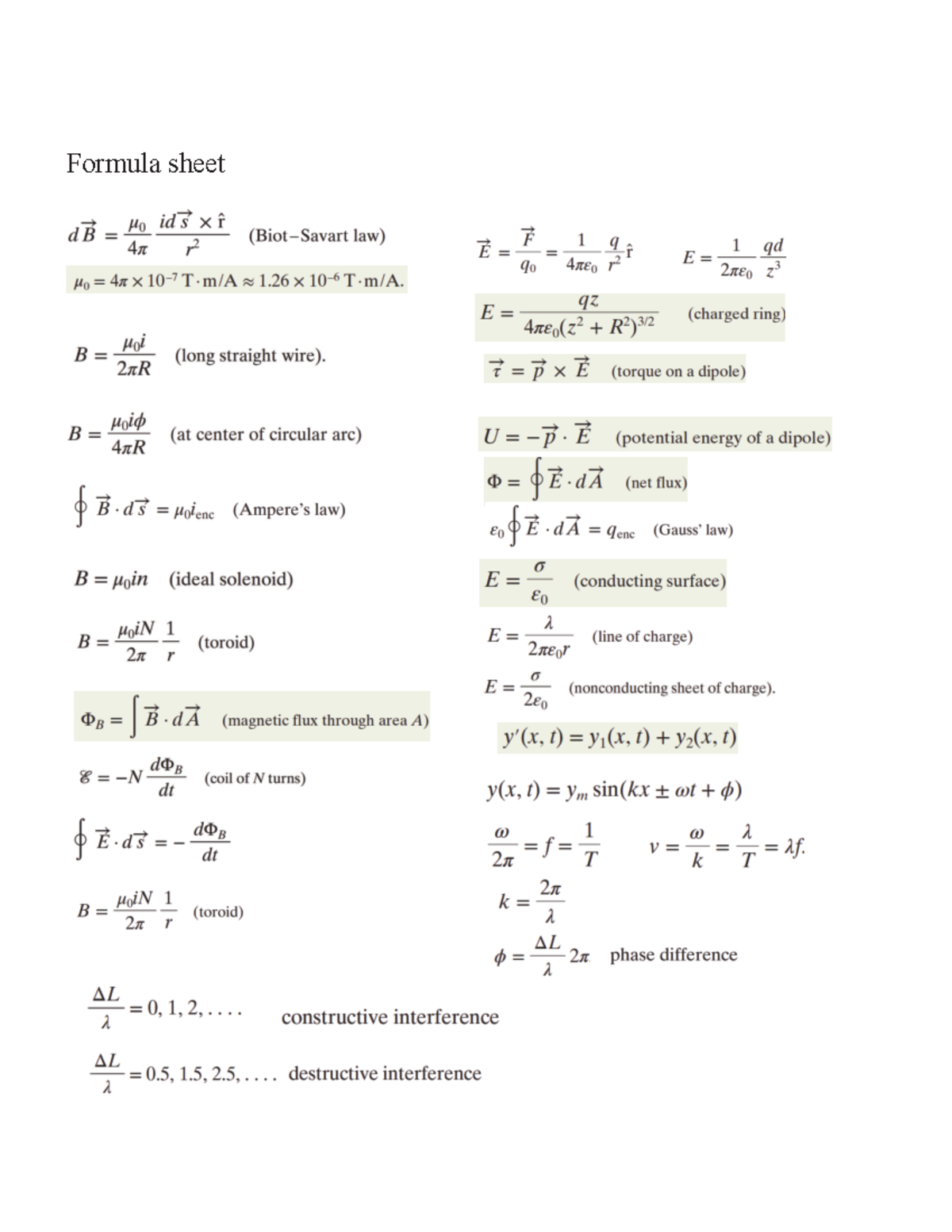 Quiz 3 Formula Sheet - Formula sheet law) MO 4 X 22 E (charged ring ...